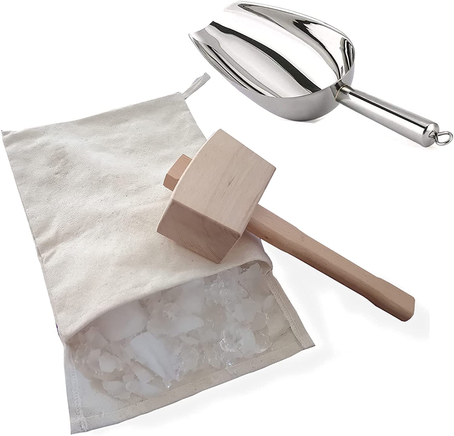 Lewis Bag and Wooden Mallet Crusher, Reusable Canvas Crushed Ice Bags,Wooden Mallet Bar, Steel Ice Scoop, for Summer Bartender Kit & Bar Tools Kitchen Accessory