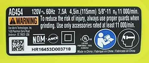 Ryobi AG454 7.5 Amp 120V AC 11,000 RPM Corded Angle Grinder w/ Rear Rotating Handle
