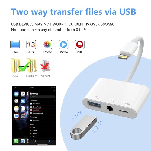 USB + 3.5mm AUX Adapter for iPhone/iPad, USB Camera Adapter and 3.5mm Headphone Audio Jack Adapter with iPhone Charger Splitter, 3 in 1 USB OTG Adapter for iPhone iPad,USB Flash Drive, Keyboard, Mouse