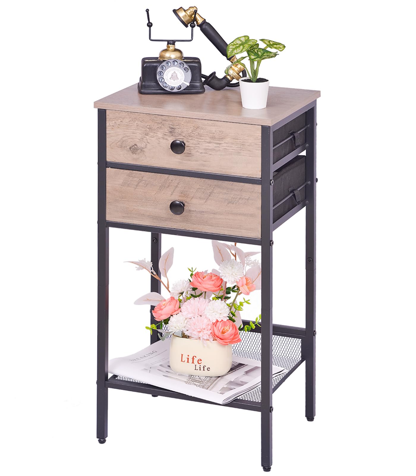 YSVCO Tall Nightstand, Bedside Table with 2 Fabric Drawers, 26.3" Tall End Table for Small Spaces, Industrial Telephone Table, Small Side Table Stand for Bedroom Black EB70BS