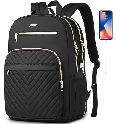 YAMTION Laptop Backpack Women,School Backpack for Women USB Bookbag for Business Work Office College Students Teacher,Black 15.6 inch