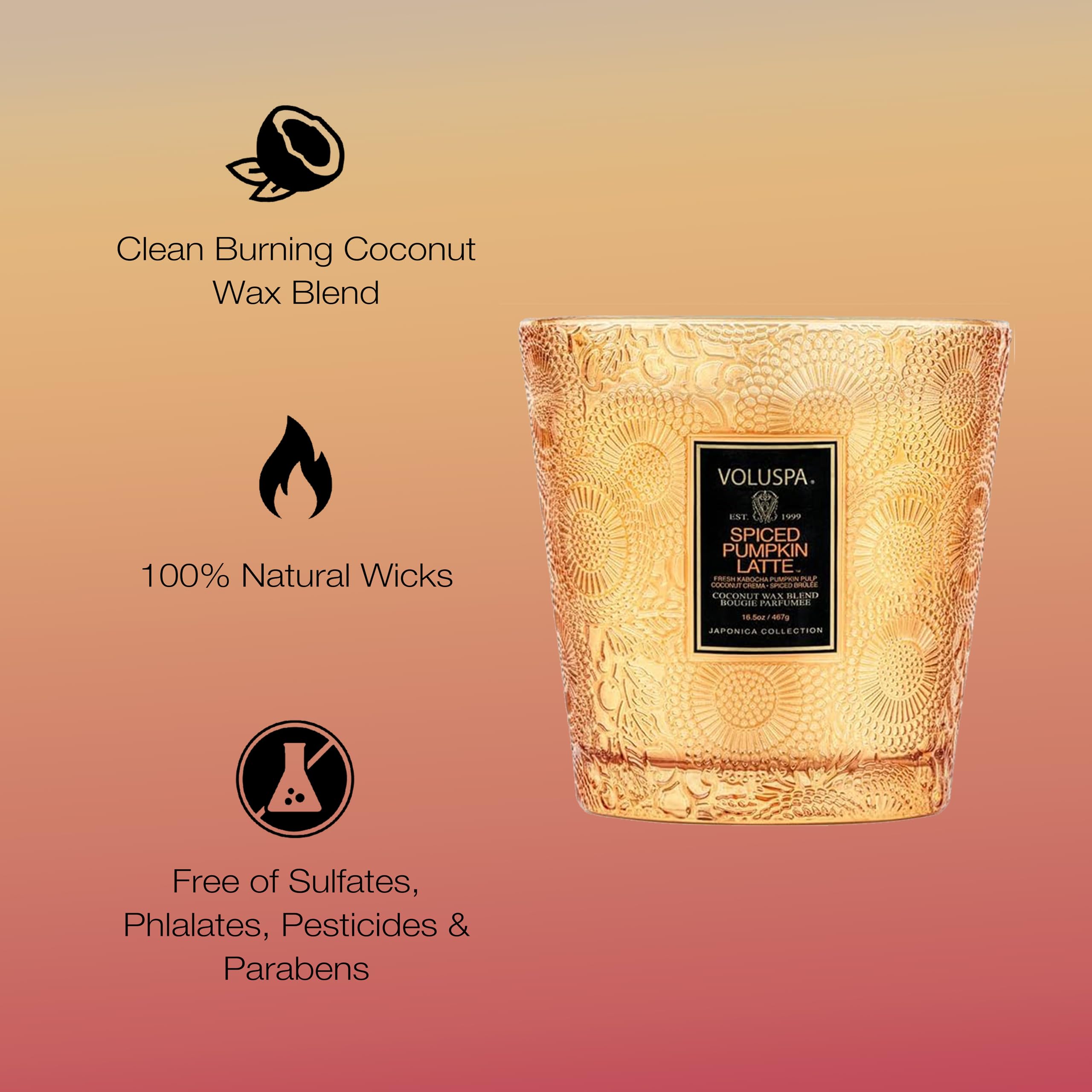 Voluspa Spiced Pumpkin Latte, 2 Wick Boxed Hearth Candle, 16.5 Ounce, 60 Hour Burn Time, All Natural Wicks and Coconut Wax for Clean Burning, Vegan, Poured in The USA