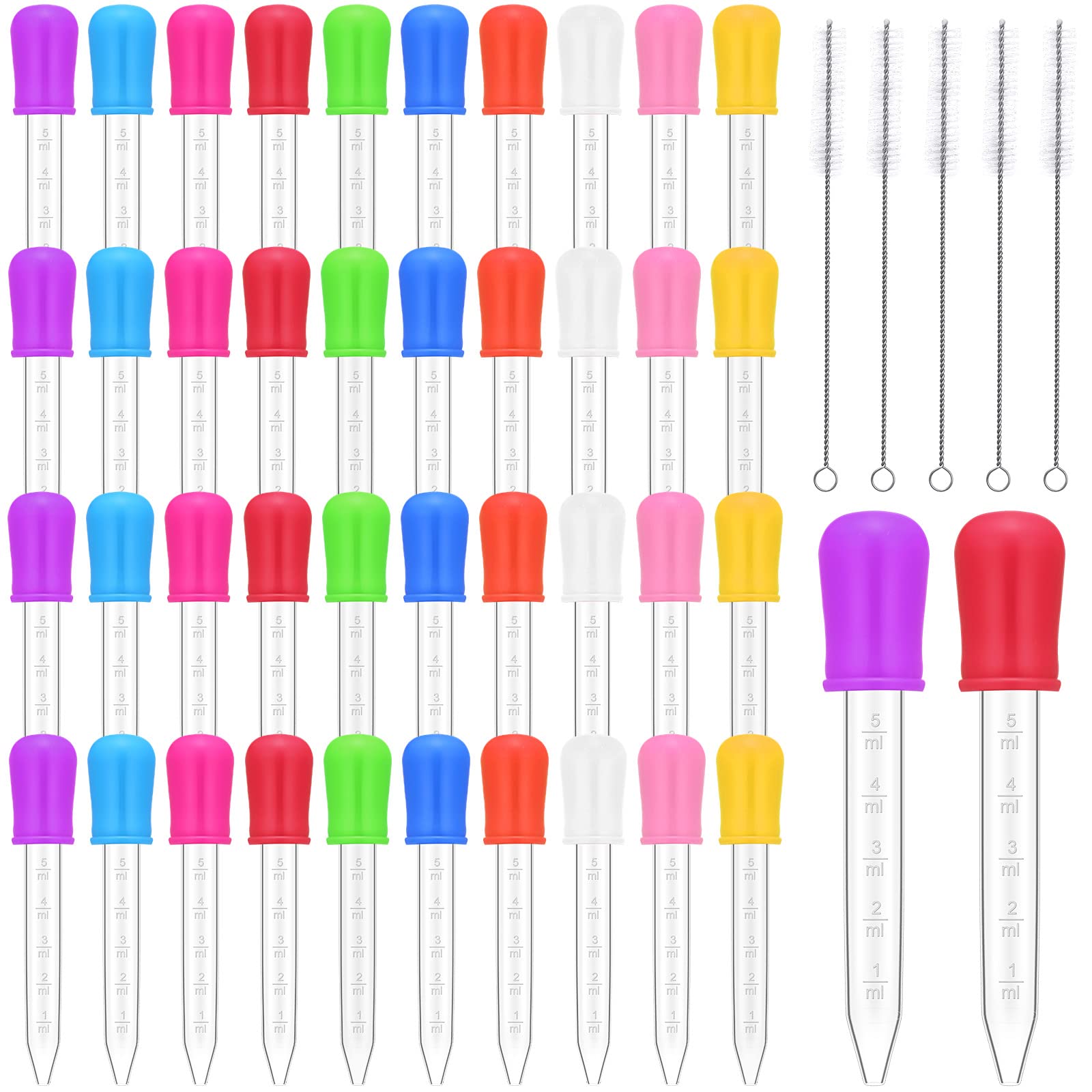 Potchen 50 Pieces Liquid Droppers for Kids, 5ml Silicone Pipettes Clear Eye Dropper with Bulb Tip and 5 Cleaning Brushes for Children Candy Making Crafts Projects Supplies