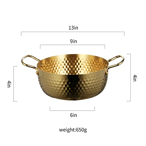 Stainless Steel Noodle Pot for Cooking with Double Handles, Hammered men Pot, Korean Ramen Cooking Pot for Kitchen, Nonstick Ramyun Cooker for Cooking Soup/Curry/Pasta/Stew (Gold)