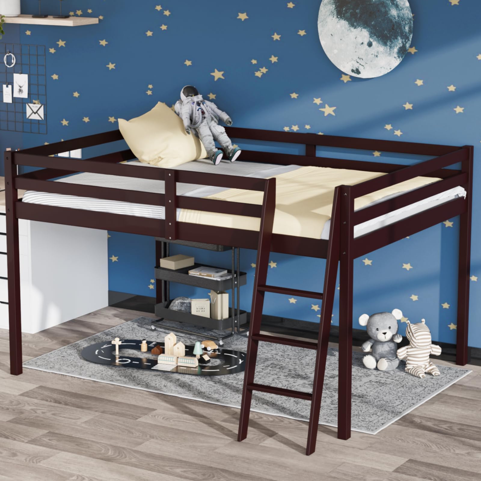 VINGLI 47'' Tall Junior Low Loft Bed with Stairs, White Wood Loft Bed Twin Size for Adults, Kids and Young Teens, No Box Spring Required,Wood Slat Support