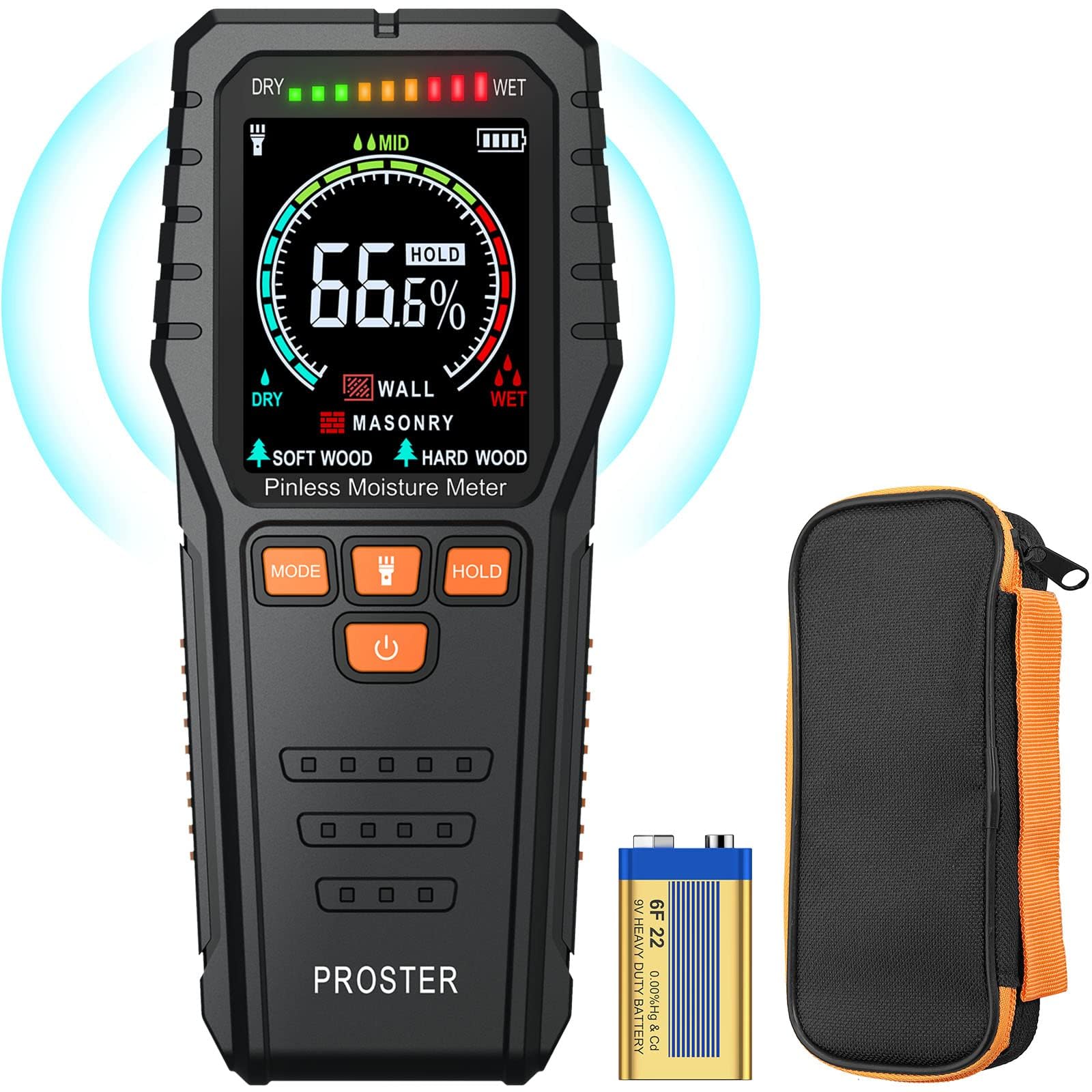 Proster Pinless Wood Moisture Meter, Non-Destructive Moisture Tester for Wood Wallboard Masonry;Detect up to 3/4 Inch Below Surface, Backlit Color LCD , Visual/Audible Alarm, with Storage Case