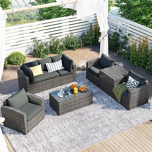 Simicase Outdoor Patio Furniture Sets, 7-Piece Patio Wicker Sofa, Cushions, Chairs, a Loveseat, a Table and a Storage Box