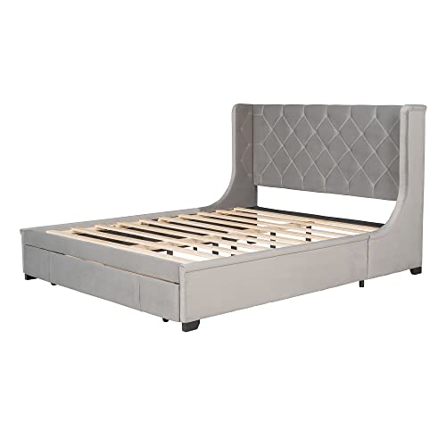YuiHome Queen Size Velvet Upholstered Platform Bed with a Big Drawer, Queen Storage Bed with Wingback Headboard for Bedroom Guestroom, No Box Spring Needed, Gray