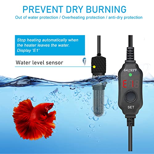 YukiHalu Submersible Aquarium Heater 100/150/200/300W, Small Size, Overheating Protection, External Temperature Controller, LED Display, Used for 20/30/40/60 Gallons (100Watts)