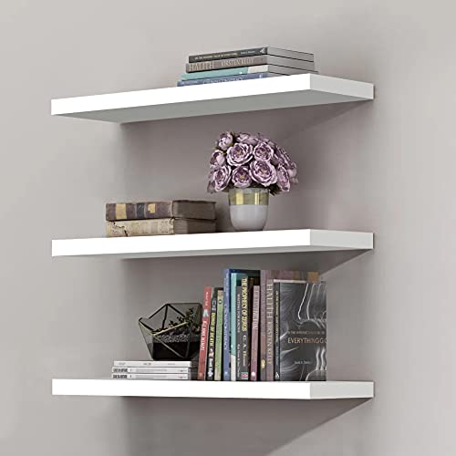 Tiasott Wall Mounted Floating Shelves Set of 3,White Wall Display Floating Shelf,Solid Wood Wall Shelves 3 Pack,Invisible Storage Shelf for Wall,Organize to Photos,Books,Showpiece,Trophy and More.