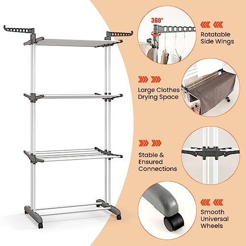Tangkula 4-Tier Clothes Drying Rack, Collapsible Laundry Rack Stand with 2 Hanger Holders, 3 Tier Retractable Trays, 1 Bottom Shoe Rack, Movable Garment Drying Station with 4 Castors (Silver)