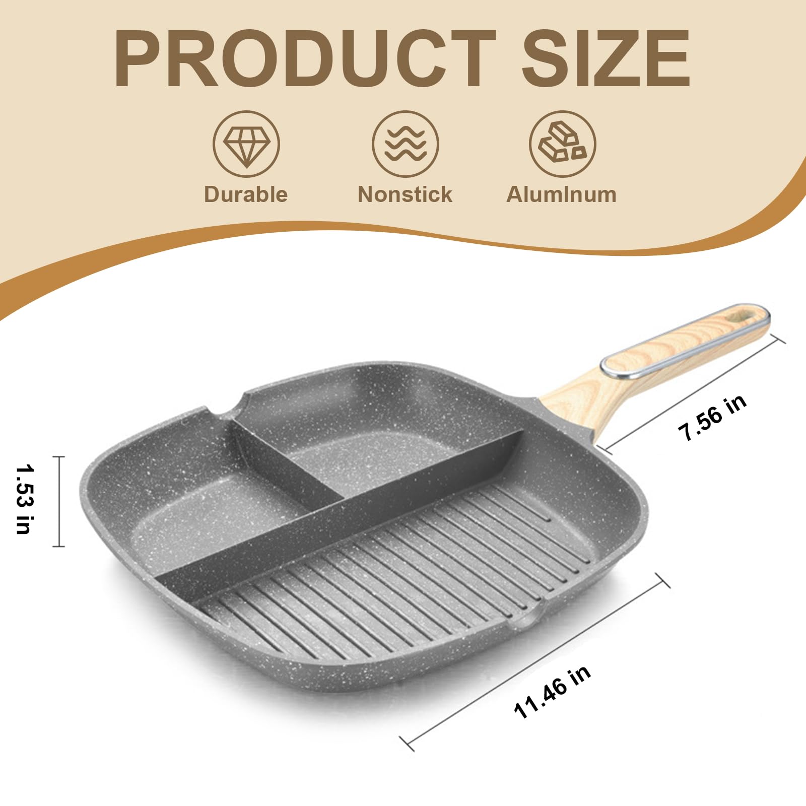 Tauvirboff Nonstick Grill Pan, 3-in-1 Nonstick Divided Breakfast Grill Pan for Stove Tops, Egg Frying Pan for Egg, Bacon & Burgers, Stone Coating Cookware for Gas, Electric & Induction, 11“ (Black)