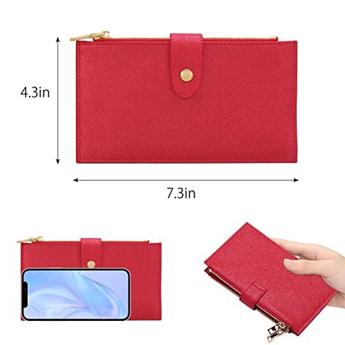 LOKNGXU Wallet for Women RFID Blocking Large Capacity Multi Card Bifold Wallet with Zipper Pocket (Red)