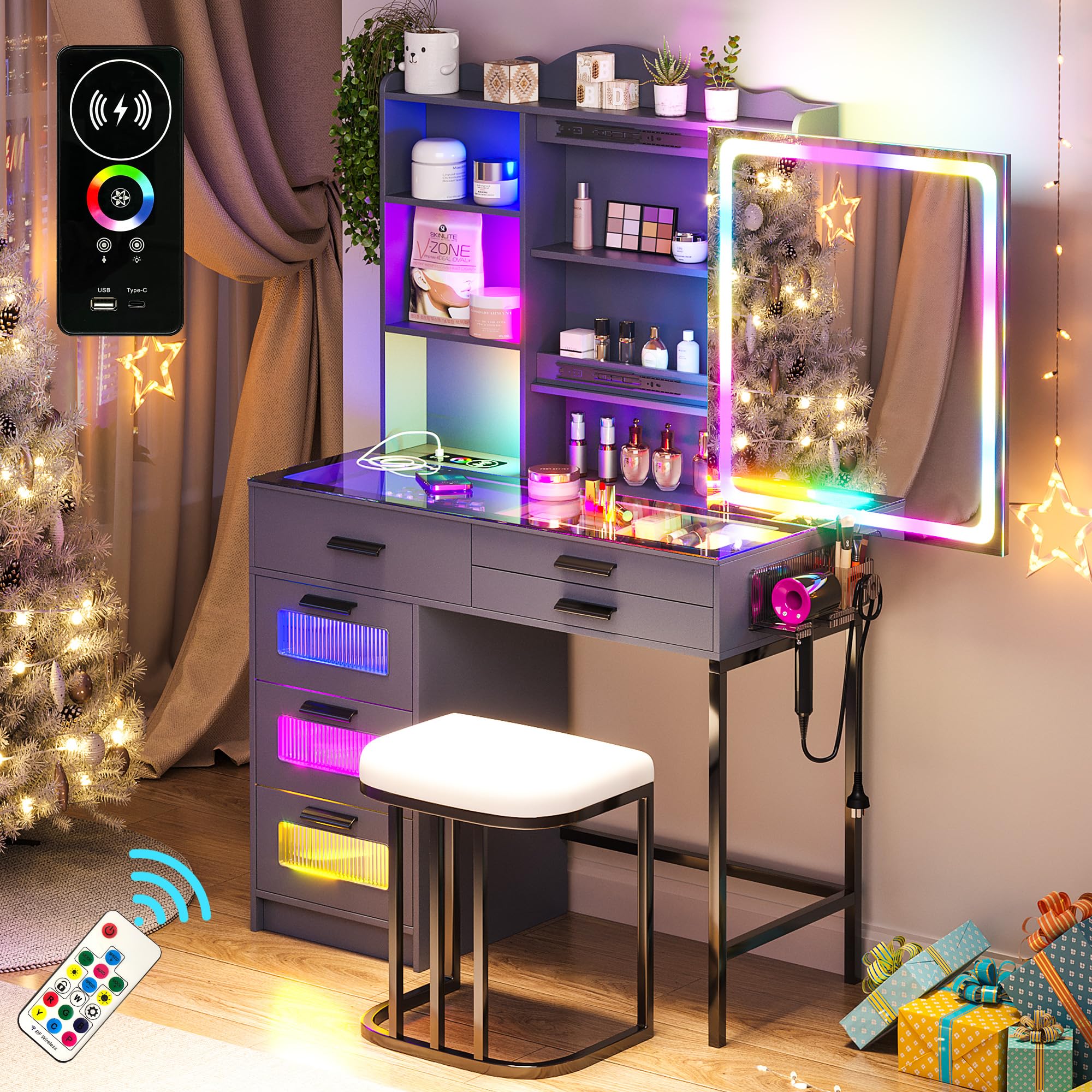 WOOVIVS RGB Vanity Desk with Sliding Mirror and Lights, LED Makeup Vanity with Charging Station/Motion Sensor Light, Glass Top Vanities Dressing Table Set with Jewelry Box,6 Drawers,Stool (White)