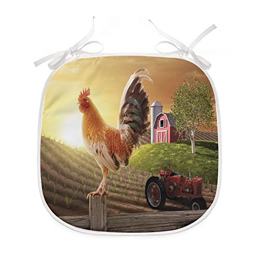 Lunarable Country Chair Pad Set of 6, Farm Barn Yard Image Rooster Animal Early Bird Nature and Rising Sun Print, Water Resistant Pillow with Ties Dining Room Kitchen, 15" x 15", Pale Brown Red