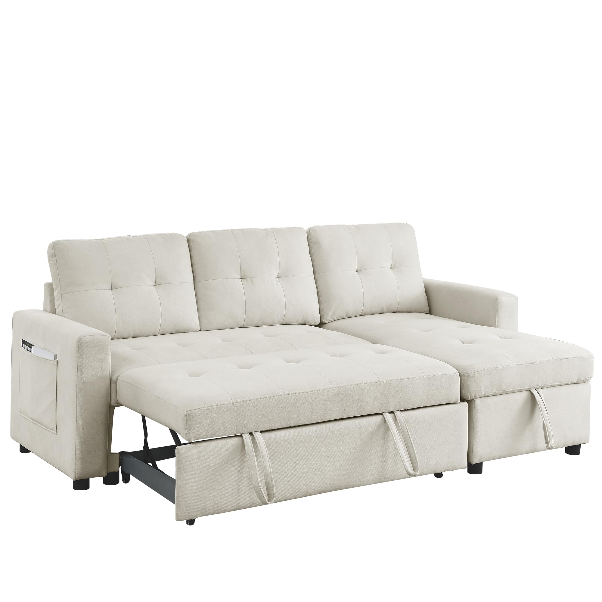 XZTUAJ 78" L Shaped Couch Sofa,3 Seater Couch Reversible Sleeper Sectional Sofa with Pull-Out Bed,Comfy Tufted L-Shaped Sectional Sofa Couch Bed with Storage Chaise Side Pocket for Living Room (Beige)