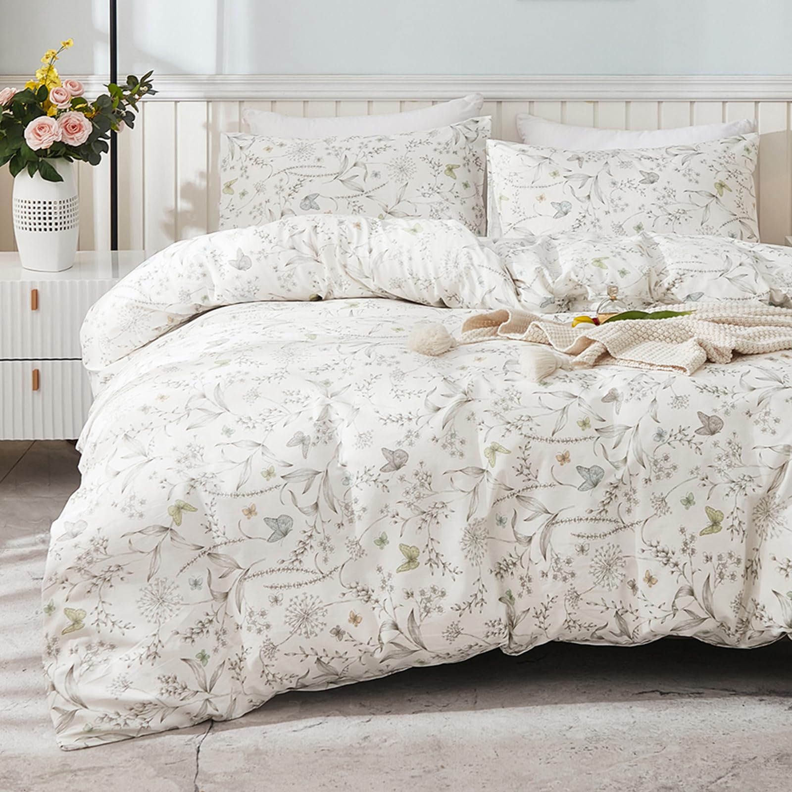 Sedefen Cotton Duvet Cover Queen Size White Floral Duvet Cover Set with Colorful Butterfly Pattern 3 Pcs Aesthetic Chic Botanical Floral Bedding Set with Zipper Ties for Women Men Home Deco