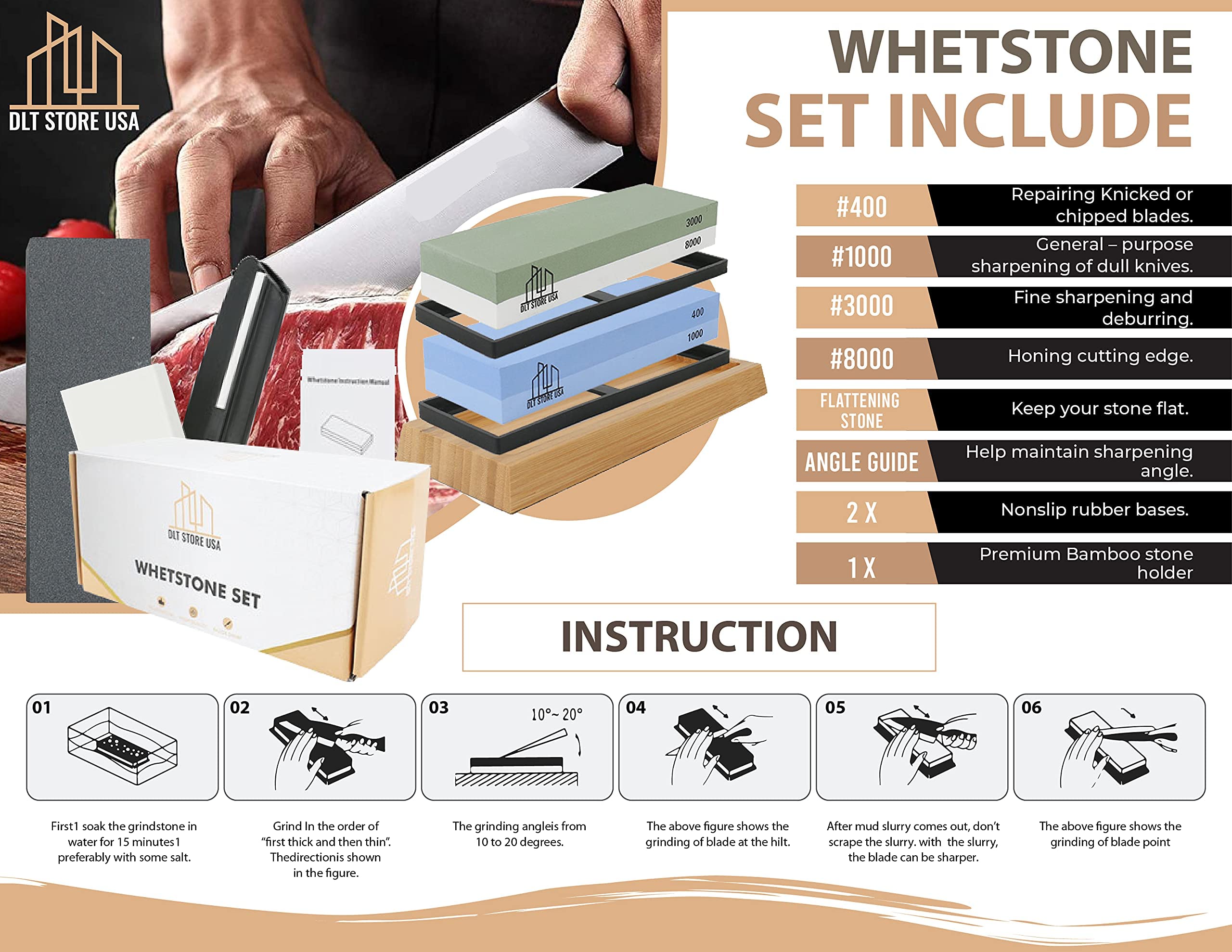 Knife Sharpening Stone Kit, DLT Store USA Professional Whetstone Sharpener Stone Set, Premium 2 Side Grit 400/1000 3000/8000 Water Stone, Flattening Stone, Non Slip Bamboo Base & Angle Guide