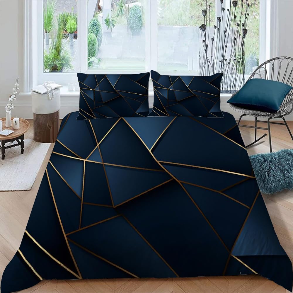 TBAUYI Navy Blue Duvet Cover King Size 3 Pieces,Geometric Gold Line 3D Printed Bedding Set with 2 Pillow Shams Luxury Soft Microfiber Bed Cover, Type13