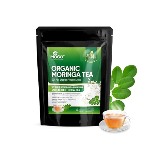 MOGO Organic Moringa Tea Bags - 50 Count,100% Pure,Caffeine Free,Rich Aroma and Taste, Premium Grade Moringa Tea Leaves, Antioxidants Rich Herbal Tea(Packaging Vary)