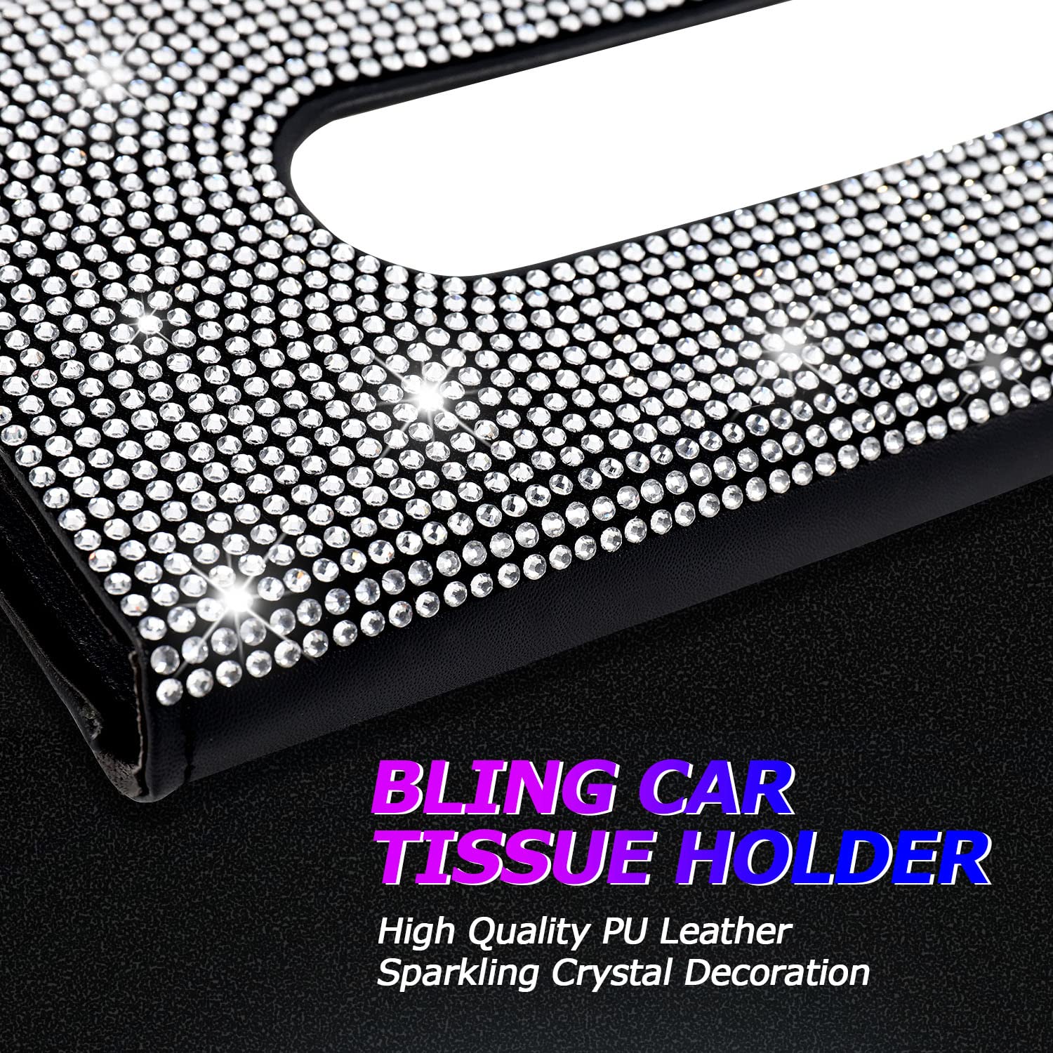 Kodagia Car Sun Visor Tissue Box, Sparkly PU Leather Holder for Sun Visor, Crystals Bling Napkin Holder Paper Towel Cover Case Mask Holder with Glitter Mask Hook Clip, Gift