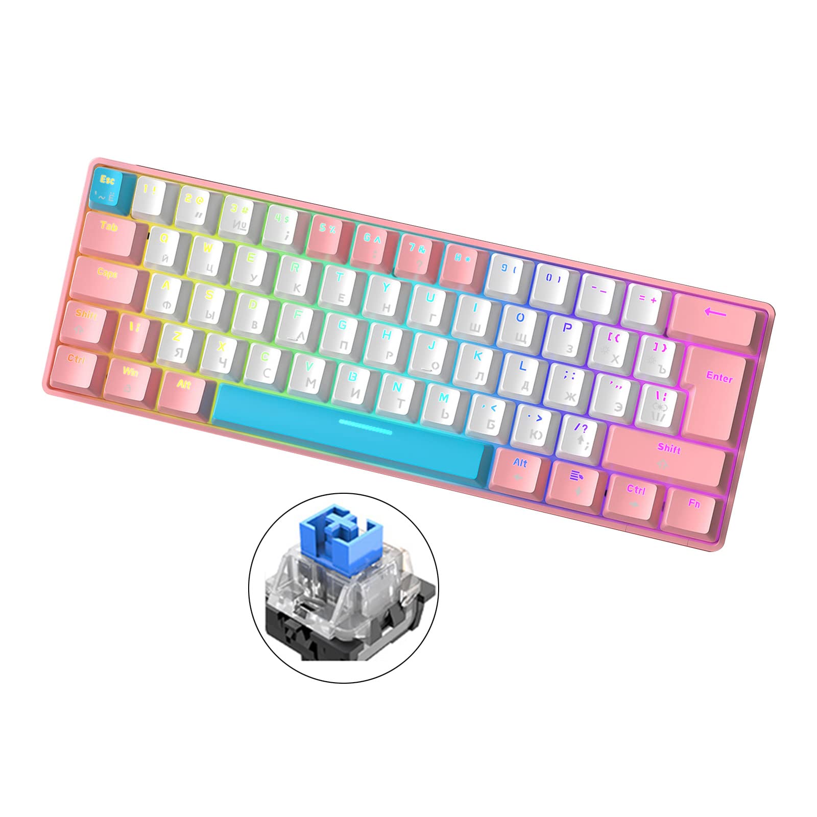 Russian Wired Mechanical Gaming with Rainbow Backlit 62Key NKRO Ergonomics Keyboards for PC/Win Gamer red Blue Switch
