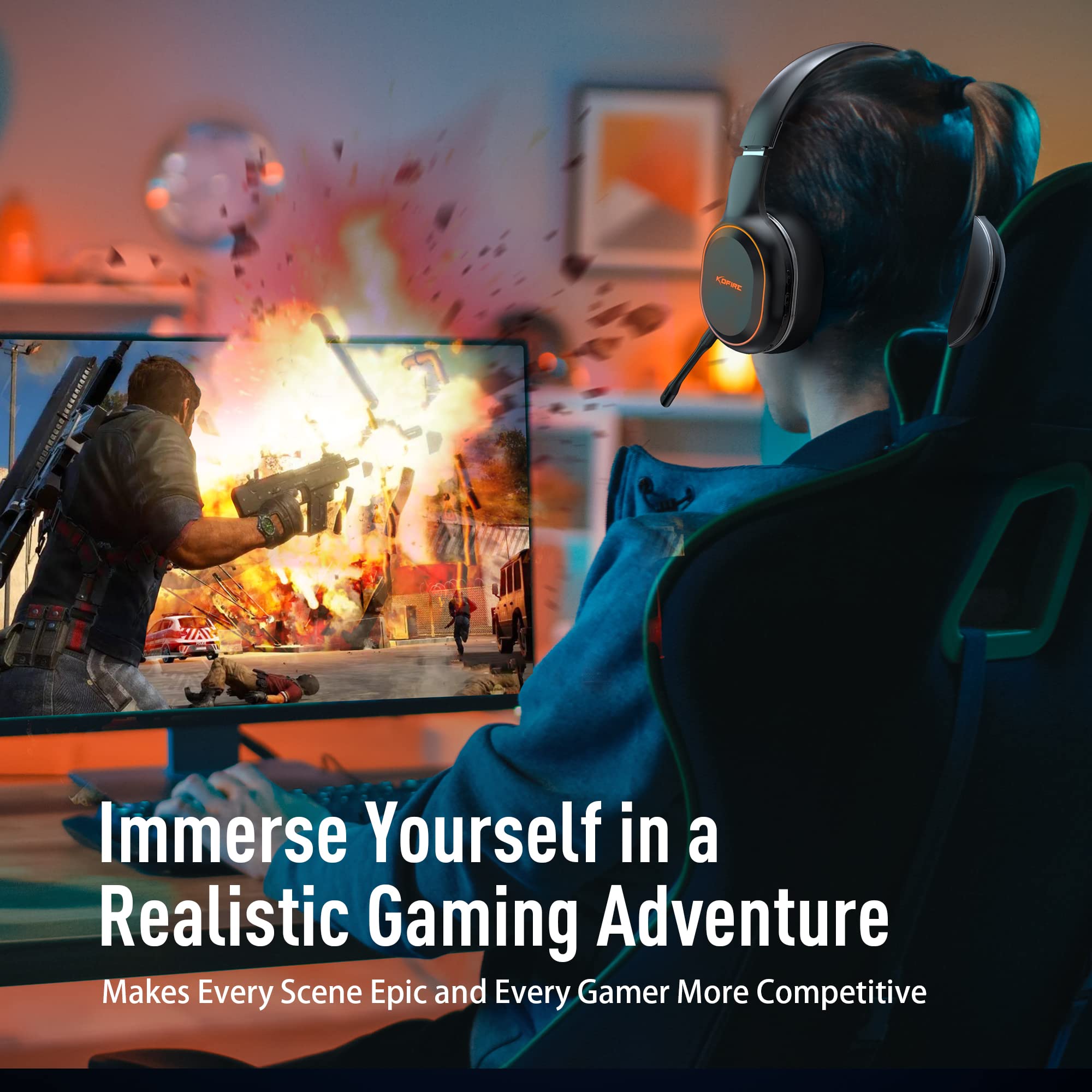 KOFIRE UG-05 2.4GHz Wireless Gaming Headsets for PS4 PS5 PC, Ultra-Low Latency Surrounding Vibration, 30H Playtime Over Ear Bluetooth Headphone with Detachable Mic V5.0 Adapter RGB Light