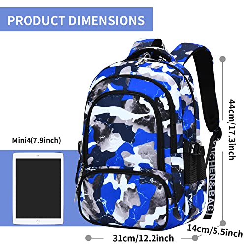 Yvechus Camo Backpack for Kids, Lightweight Camo Backpack Elementary Middle School Backpack Water Repellent Bookbag (Camo Blue)