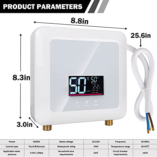Tankless Instant Hot Water Heater with Remote Control, Electric, 5500W, 110V,Constant Temperature, Digital Display for RV Home Kitchen Indoor(White)(Can't Use Socket)