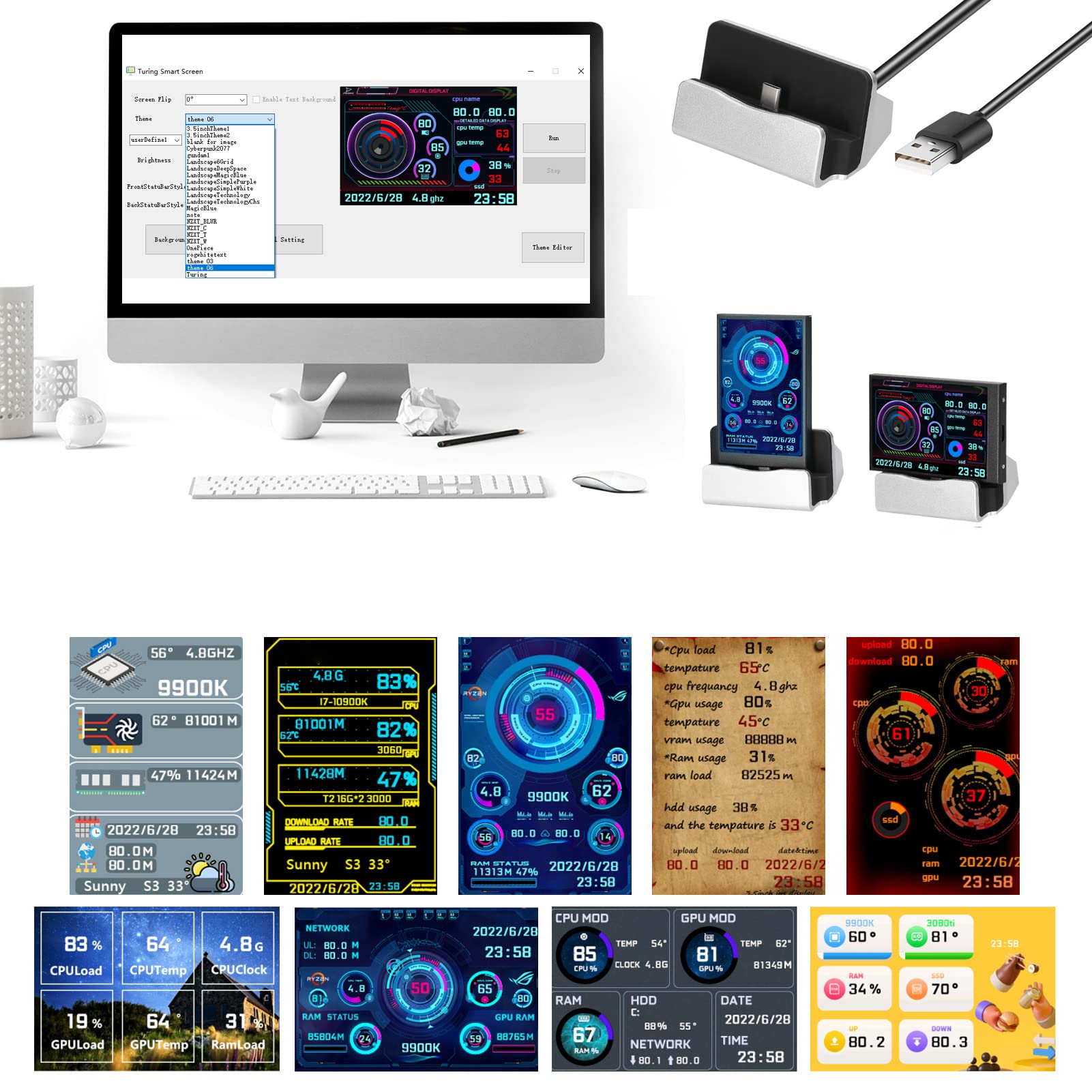 PC Secondary Screen, USB Connection Visual Theme Editing CPU GPU RAM HDD Time Date 3.5 inch IPS Data Monitor for Electronic Devices