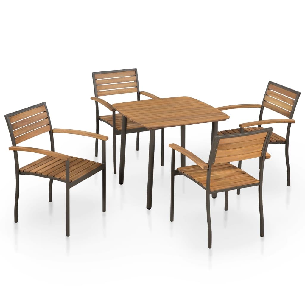 vidaXL 5-Piece Patio Dining Set with Solid Acacia Wood and Steel - Rustic Garden Terrace Outdoor Furniture with Stackable Chairs and Square Table
