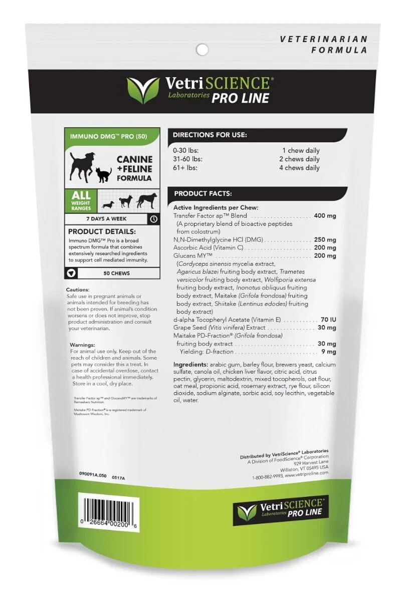 VetriScience Immuno DMG Pro - Immune System Support for Dogs & Cats - Supplement Formula for Liver & Kidney Health Support - Antibody Production & Antioxidant Support for Pets - 50 Chews