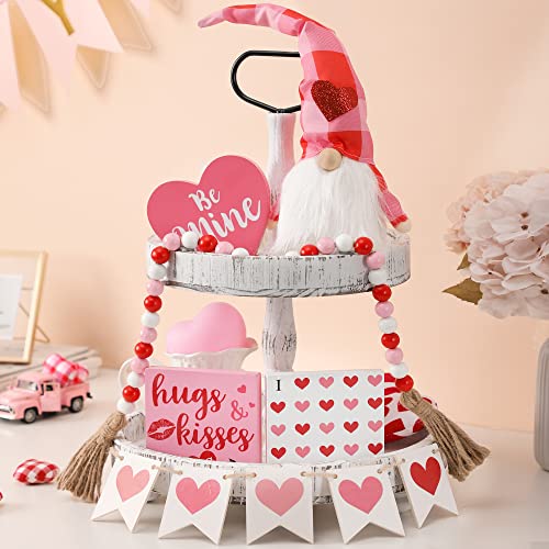 Valentine's Day Tiered Tray Décor Set of 6, Gnome Plush, Wooden Heart Wood Sign Heart Ornament, Valentine's Day Table Decoration Sign Décor