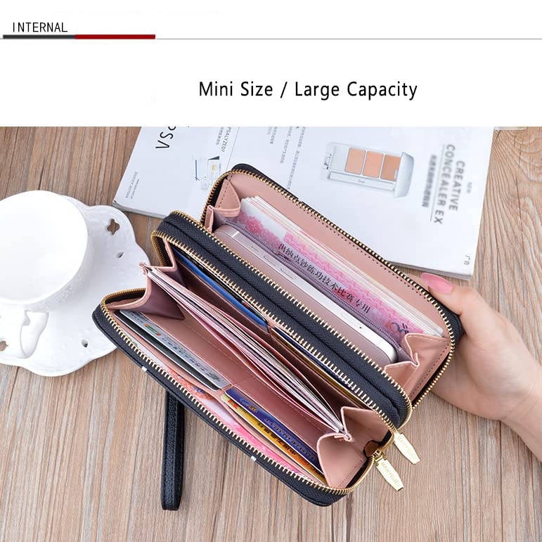 Lombera Black Embossed Wristlet Wallet for Women, RFID Blocking Long Leather Wallet Credit Card Holder for Women,Ladies Wallet