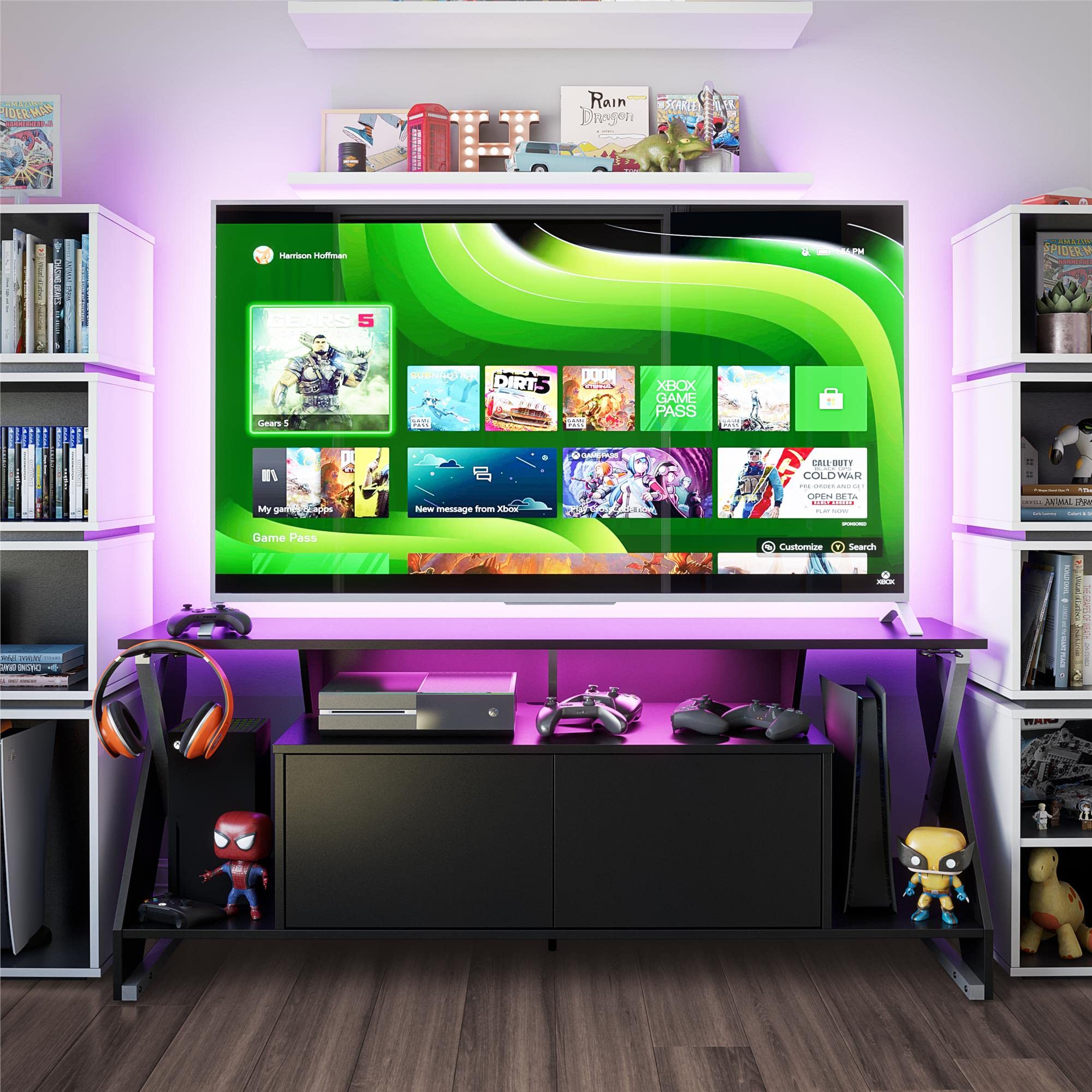 NTense Xtreme Gaming Console Stand with LED Light Kit for TVs up to 65", Black