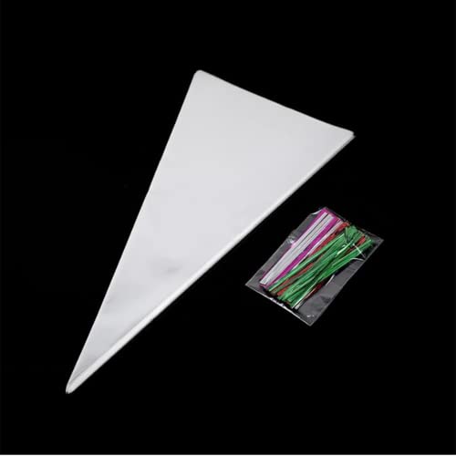 TIMIGGBY 100 Pieces Cone Bag Clear Cone Shaped Treat Bags Cellophane Triangle Bags with 100 PCS Twist Ties Colourful (5.1x9.8 inch)