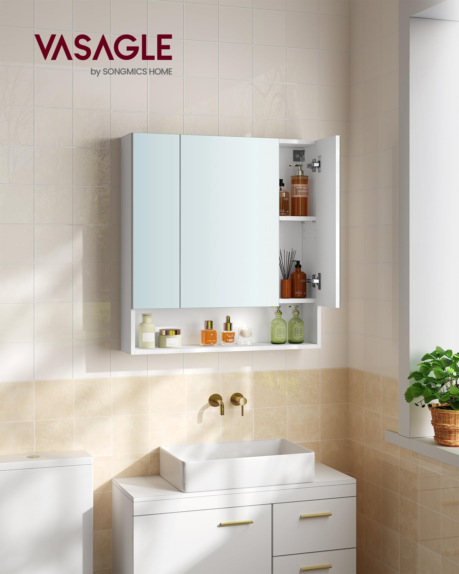 VASAGLE Medicine Cabinet Mirror, Bathroom Mirror with Storage, Bathroom Mirror Cabinet, Wall Mirror Cabinet, Open Compartment, Adjustable Shelves, 6.5 x 27.6 x 29.5 inches, Cloud White UBBK129W01