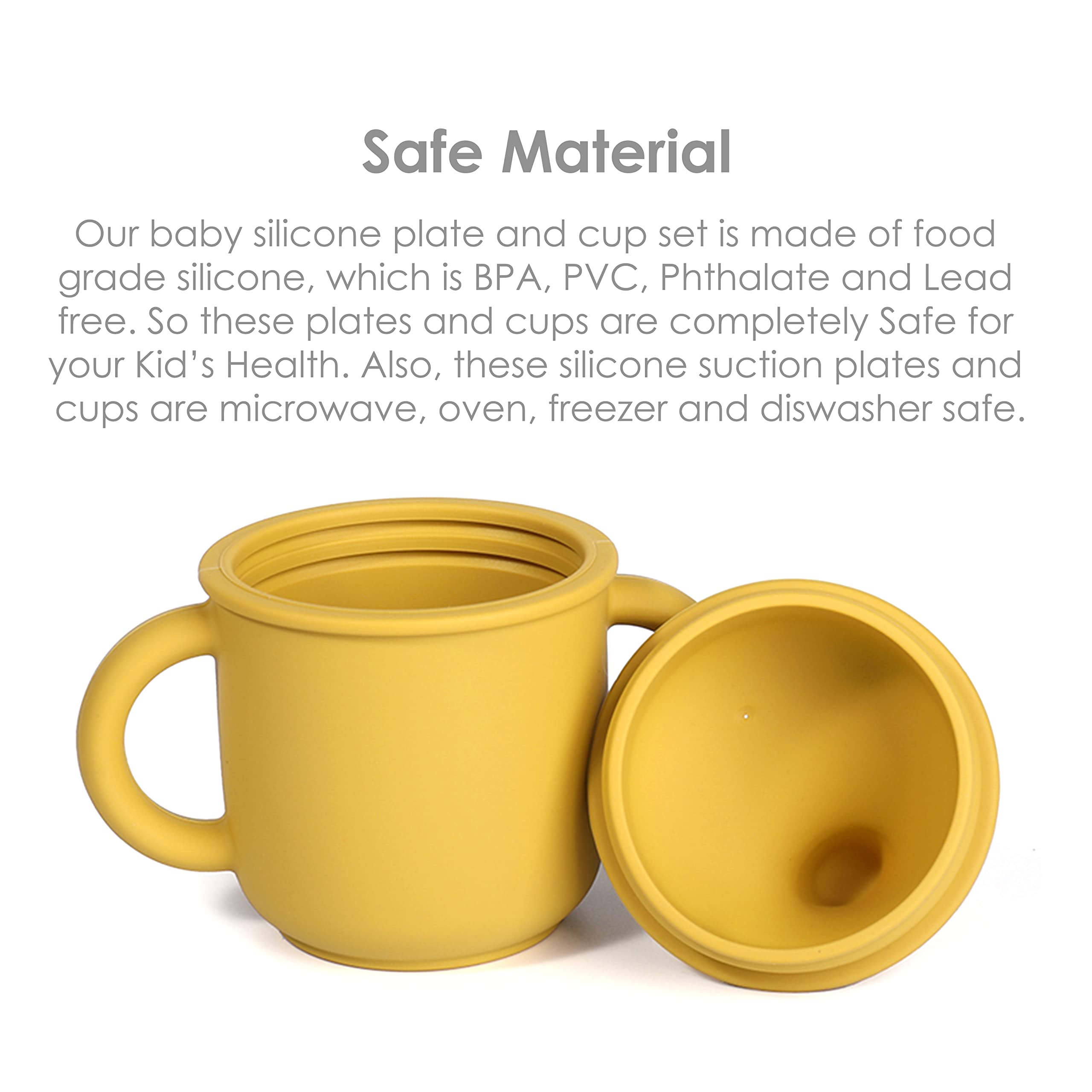 Silicone Baby Feeding Set, 6 Colors, Spill-proof Cup and Suction Plate with Lid, Divided Plate, Sippy Cup with handles for Baby & Toddlers. Leak-proof. (Gray)