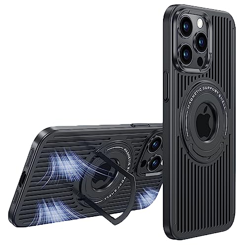 Yesunktt for iPhone 14 Pro Max for MagSafe Magnetic Car Ring Trolley Invisible Holder Phone Case, Logo Window Strip Mesh Air Cooling Phone Case,Black