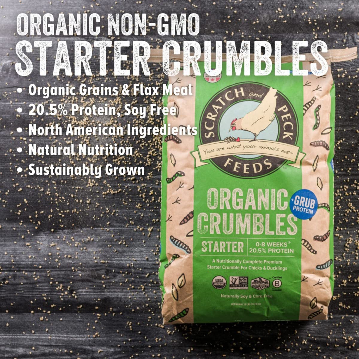 Scratch and Peck Feeds Starter Crumbles Chick Feed with Grub Protein - 25-lbs. - Certified Organic, Non-GMO Project Verified