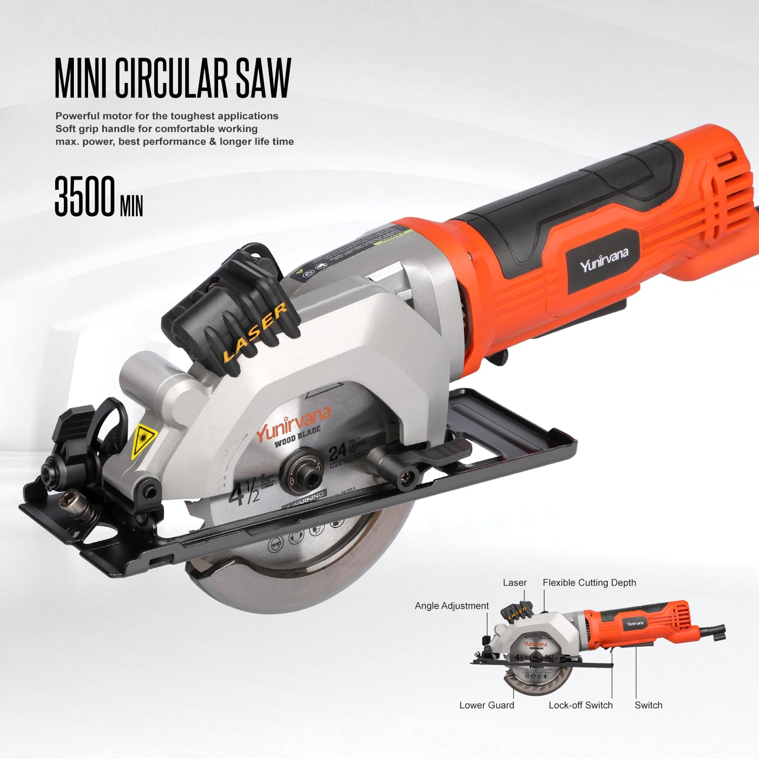 Yunirvana 4Amp 3500RPM Mini Circular Saw with Laser Guide, Vacuum Adapter, Blade Wrench and Rip Guide, Max. Cutting Depth1-5/8"(90°), 1-1/10"(45°)Compact Saw with 2 pcs 4-1/2" 24T TCT Blades