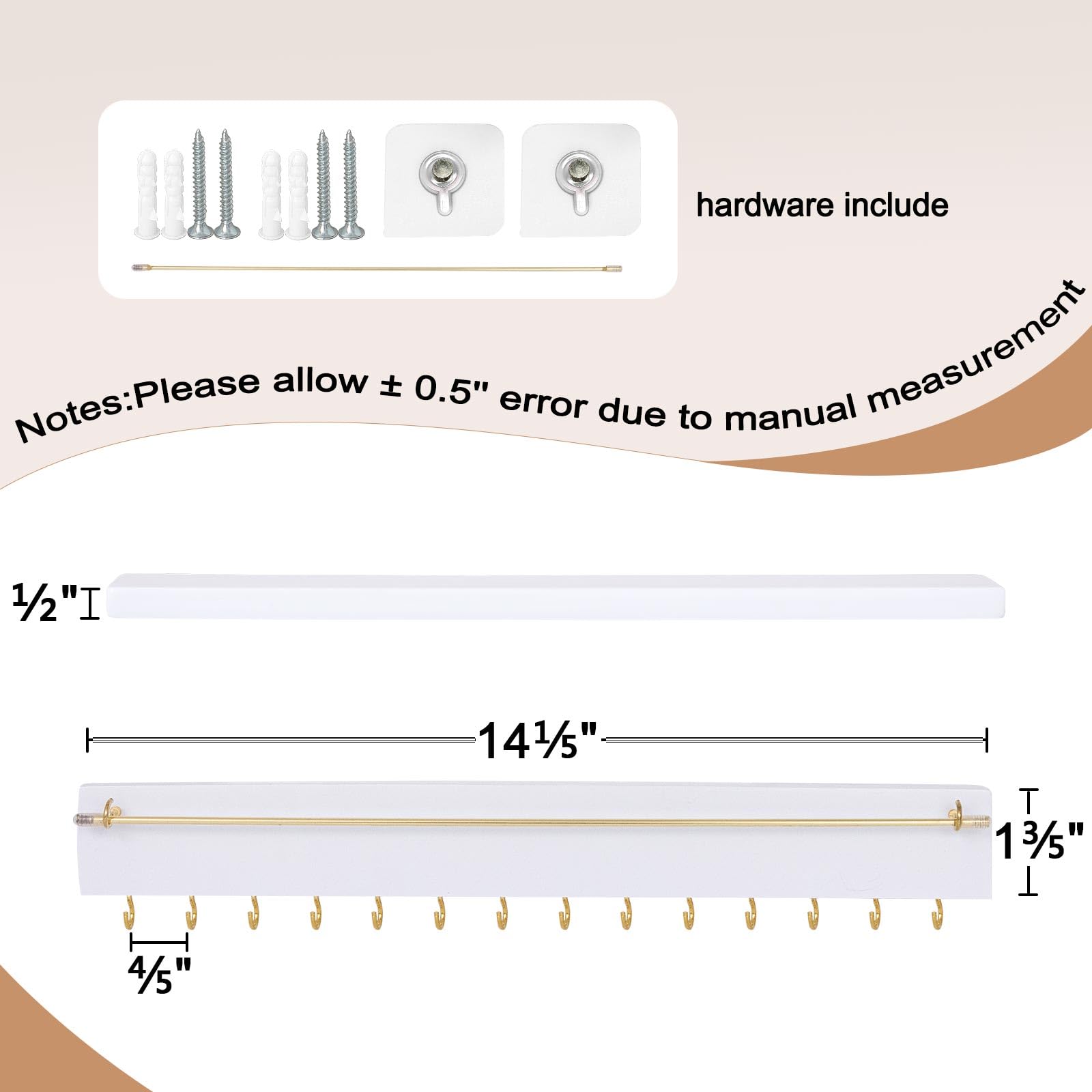 SCUNDA Wall Jewelry Holder Organizer, Adhesive Jewelry Organizer Wall Mount, Space-saving Jewelry Rack with 14 Hooks and Holder, Wooden Jewelry Shelf for Necklace, Earing, Ring, Bracelet(White)