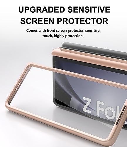 SIXBOX for Galaxy Z Fold 5 Case with Card Holder & Screen Protector & S Pen Holder & Slide Camera Cover & Hinge Protection, Shockproof Wallet Phone Case for Samsung Z Fold 5 2023, Rose Gold