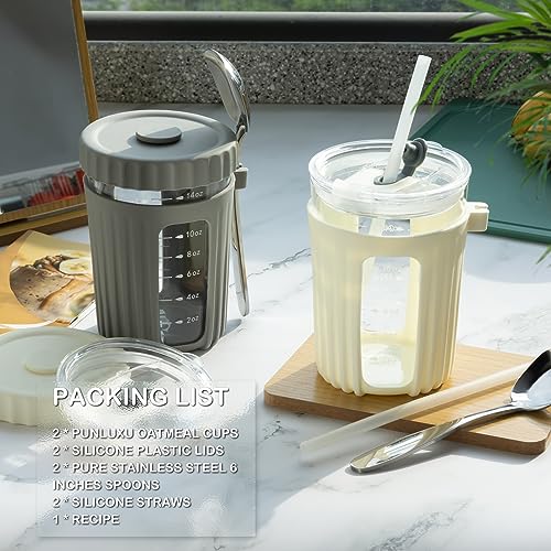 PUNLUXU Overnight Oat Jars With Scoop And Lid 16 OZ [2 Pack], Airtight Oatmeal Container With Measurement Mark, Mason Jar With Sealed Lid And Straw, Cereal Container For On-The-Go (Gray And Off-White)