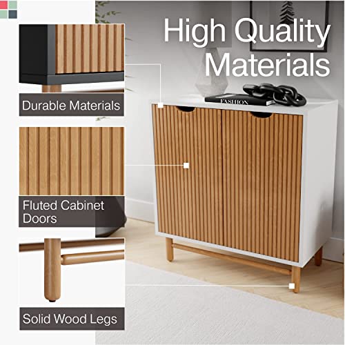 Stead Fluted Sideboard Storage Cabinet - Mid Century Modern Accent Cabinet with Doors - Great in Living Rooms, Bedrooms, and Entryways (White and Oak)