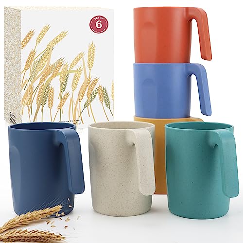 Wrova 16oz Wheat Straw Cups with handles set of 6-Plastic Cups Reusable-Unbreakable Wheat Straw Cups-Dishwasher Safe & Microwave Safe-Ideal Mugs for Tea,Coffee,Camping,RV-Vibrant Color