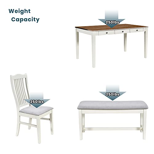 SIYSNKSI Mid-Century 6-Piece Dining Table Set with 4 Upholstered Dining Chairs and Bench, Wood Rectangular Dining Table with Drawer for Kitchen Living Room, Dining Table Set for 6 (Butter Milk+Grey)
