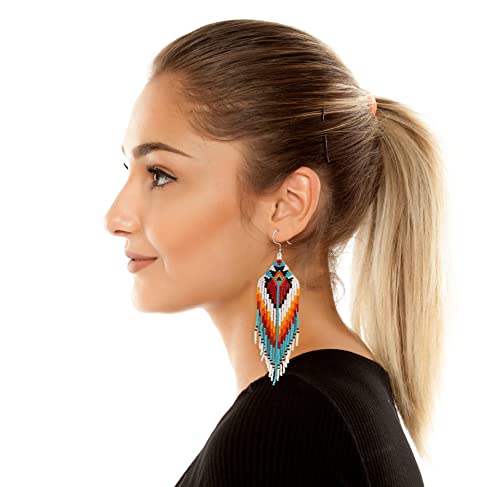Long Beaded Dangle Earrings β Boho Native Handmade Seed Bead Tassel Bohemian Large Statement Drop Fringes for Women (Multicolor)