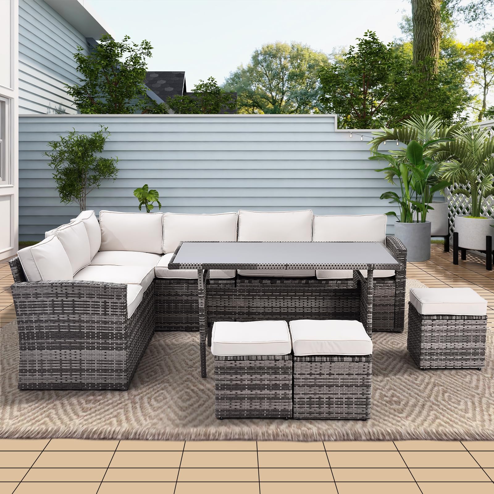 SoarFlash 7 Pieces Wicker Conversation Set Outdoor Patio Furniture Sofa Set, All-Weather Rattan Sectional Sofa with Ottoman, Cushion, Dining Table for Garden, Backyard,Poolside, Beige