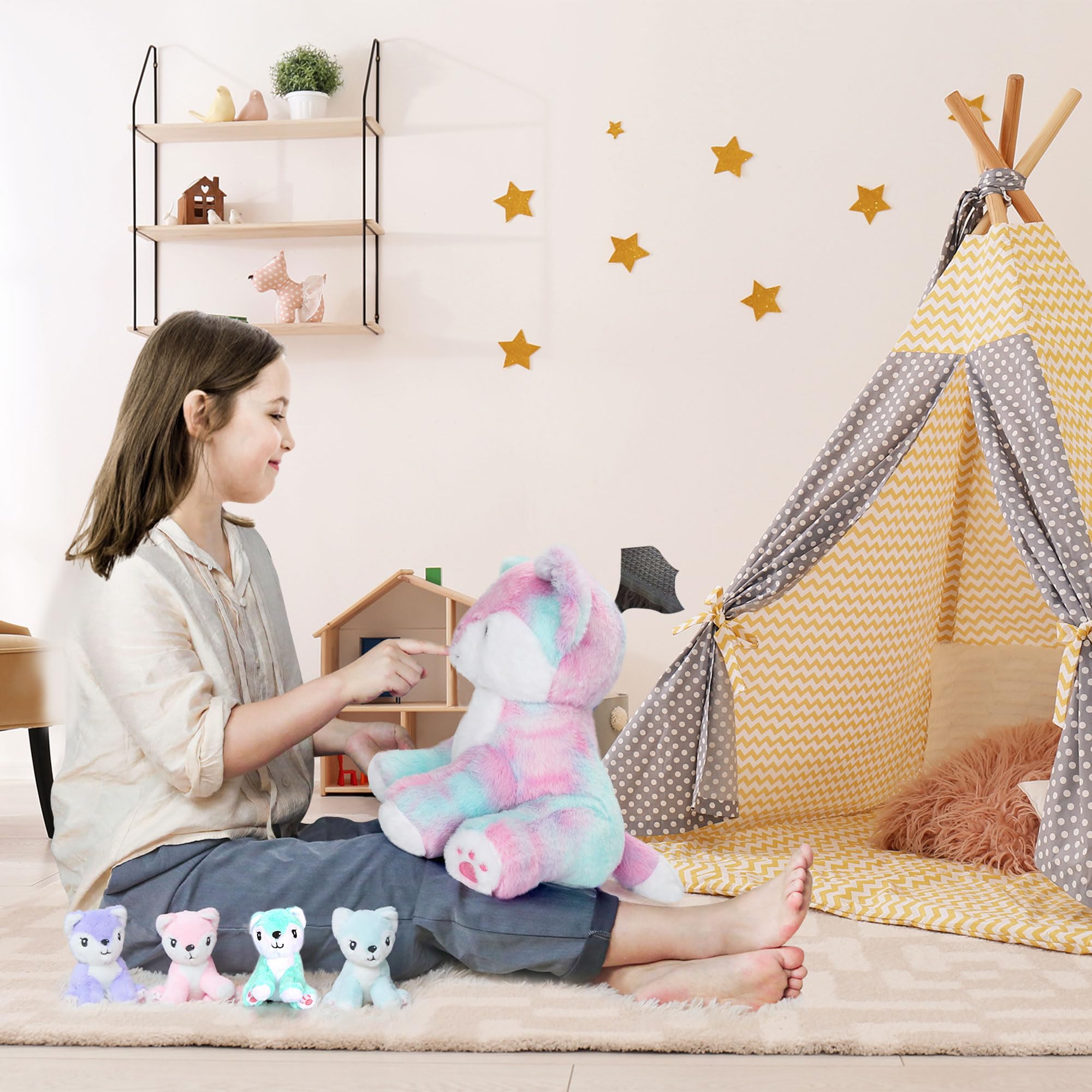 Pegmapri Rainbow Fox Stuffed Animals, Mommy Fox Plush with 4pcs Cute Baby Fox Plushie Set for Boys Girls
